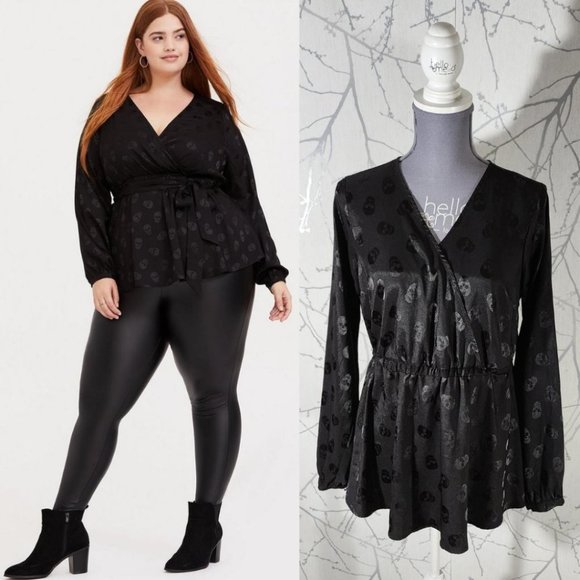 torrid | Tops | Torrid Black Skull Jacquard Surplice Peplum Blouse Goth ...